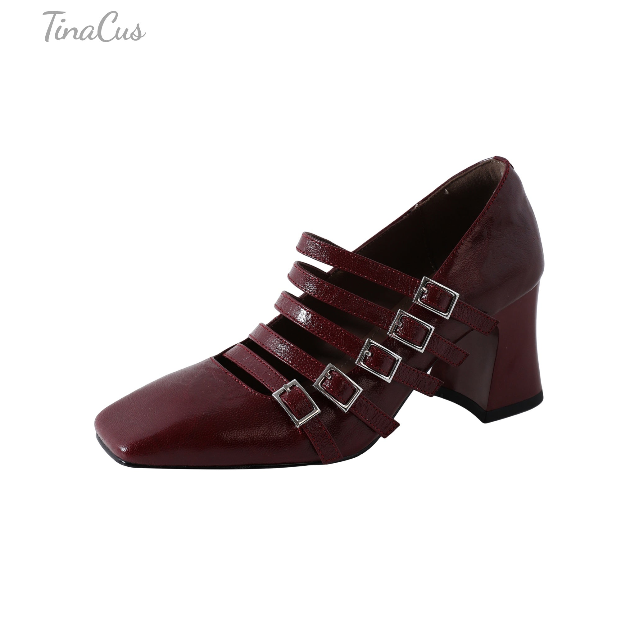 TinaCus Women's Square Toe Handmade Buckles Mid Chunky Heels Genuine L