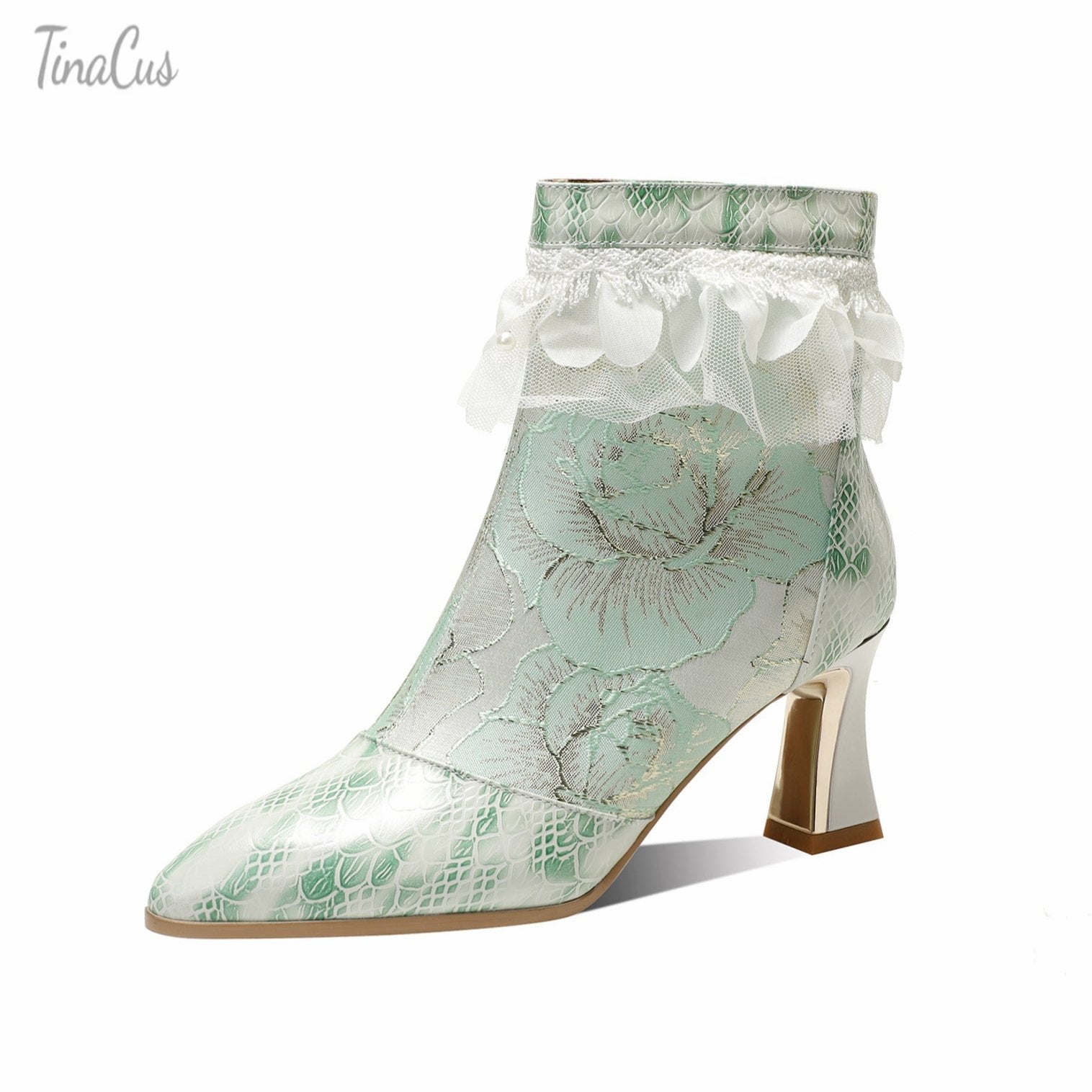 TinaCus Women's Genuine Leather Embroidery Flowers Lace Mid Heel Handm